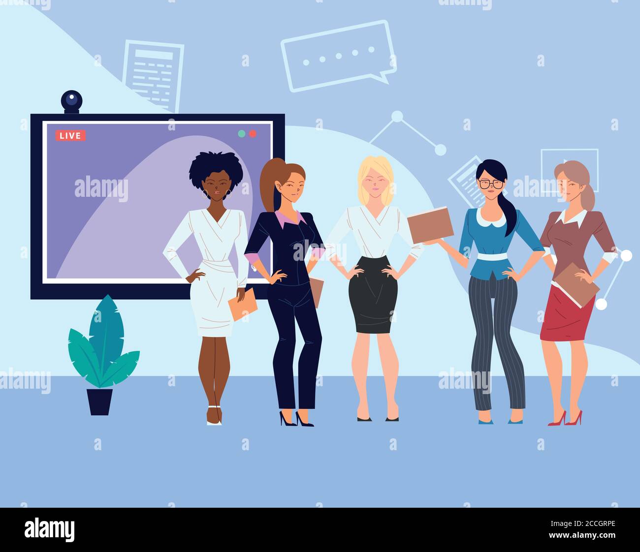 businesswomen cartoons with files in front of screen in video chat ...