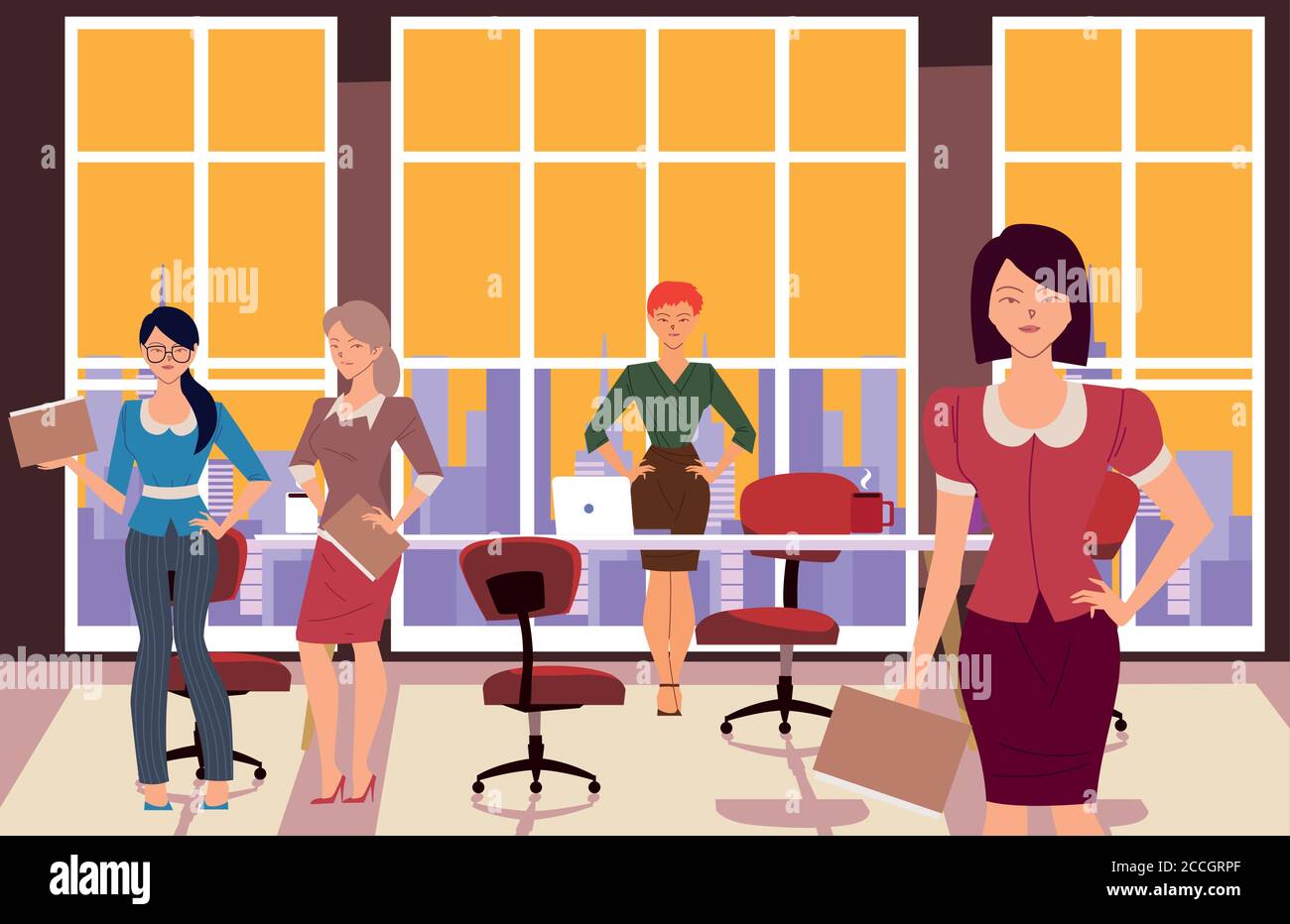 businesswomen cartoons with files in front of office meeting table ...