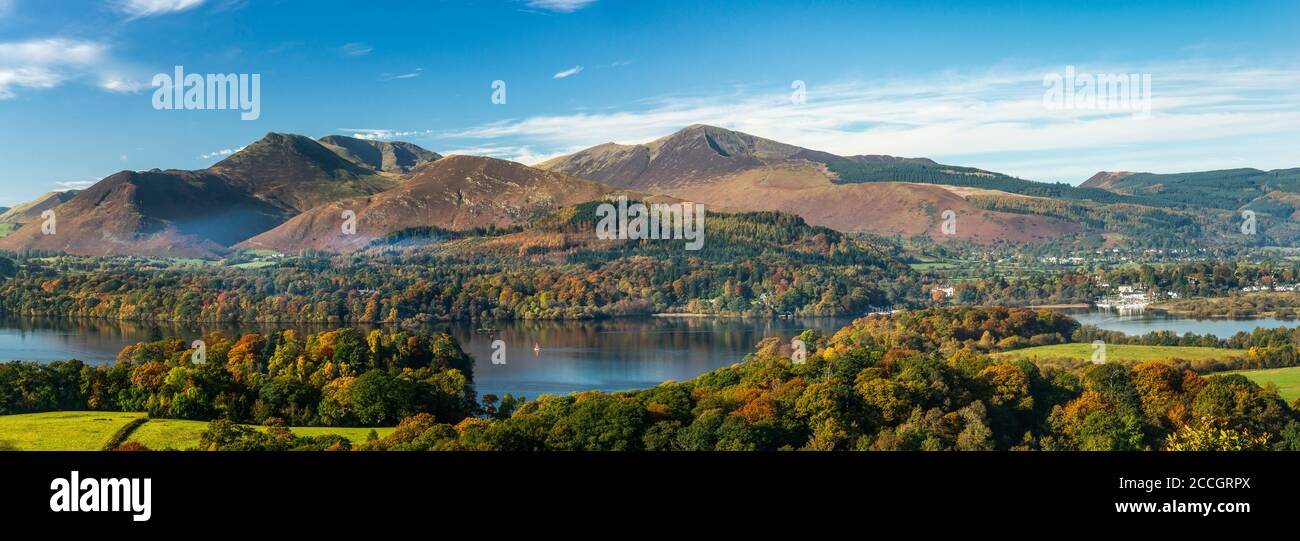 Autumn panorama of Derwentwater fells and woodland, viewed from ...