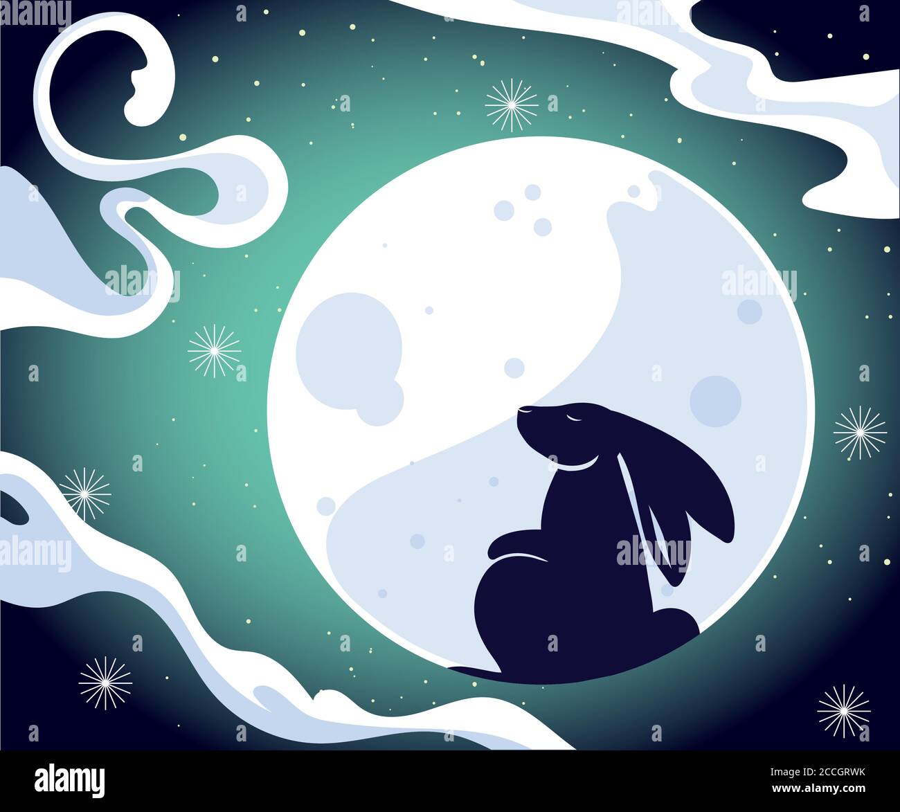 rabbit on moon with clouds and stars design, Happy mid autumn harvest ...