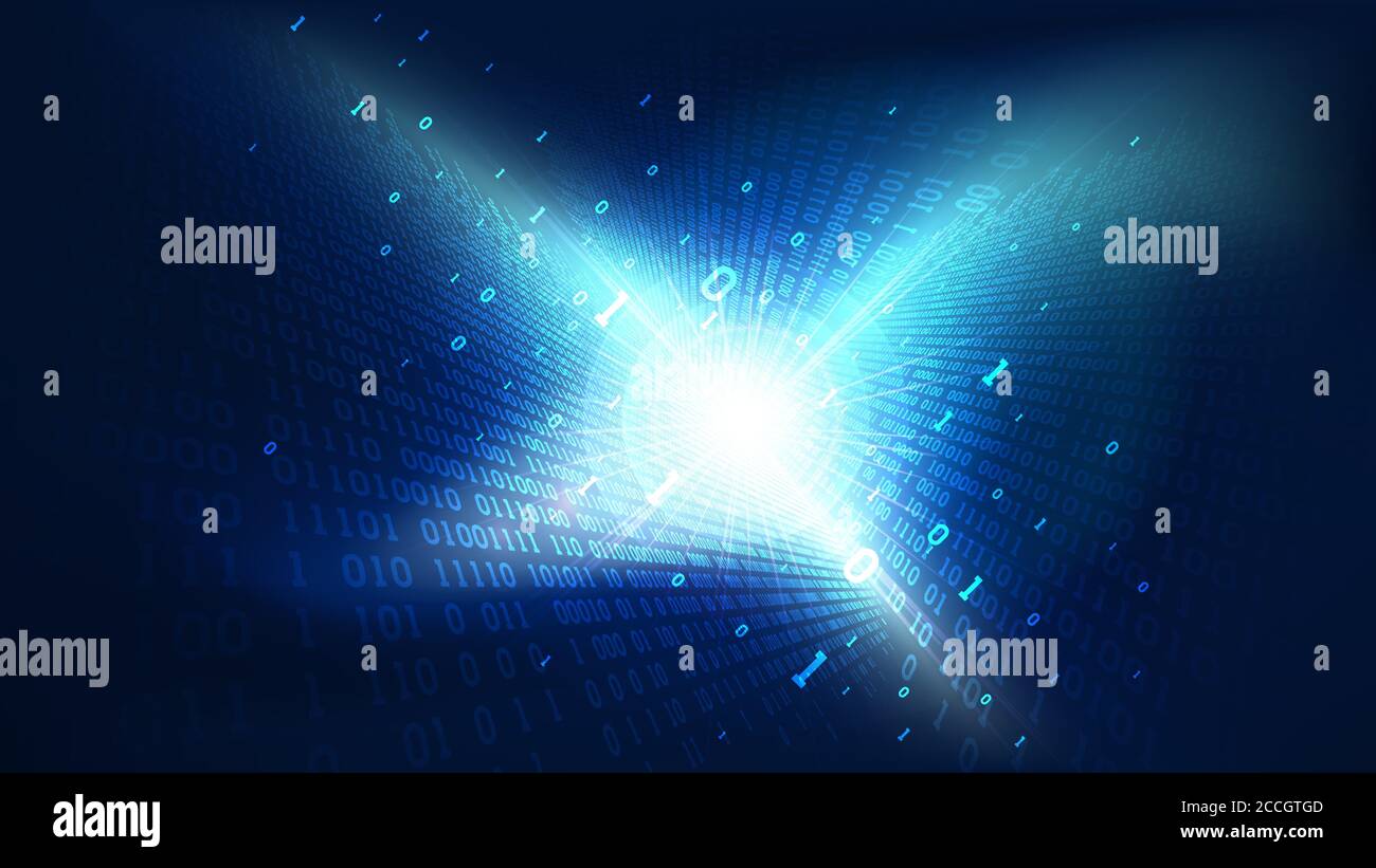 Binary code in abstract futuristic cyberspace, matrix shining blue ...
