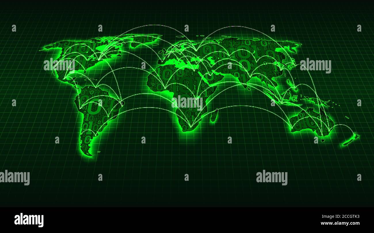 Abstract Green World Map From Digital Binary Code On A Grid Background Internet Transactions