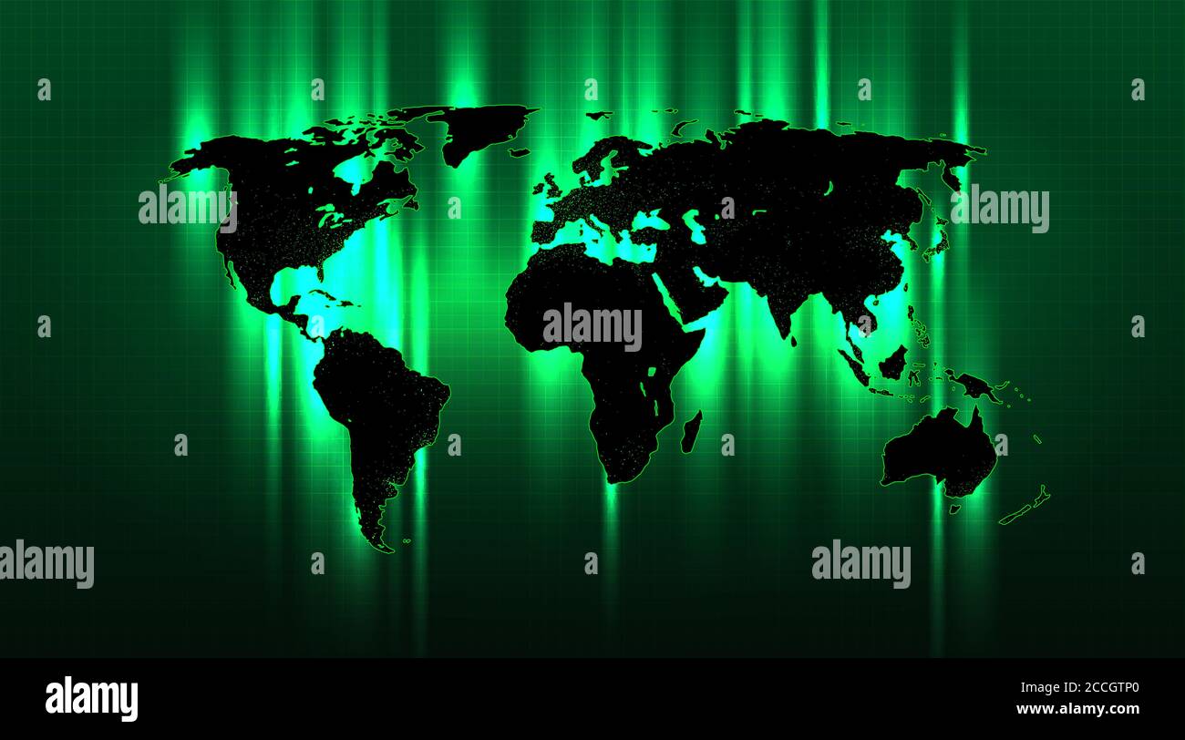 Brightly highlighted abstract world map on a green grid background ...