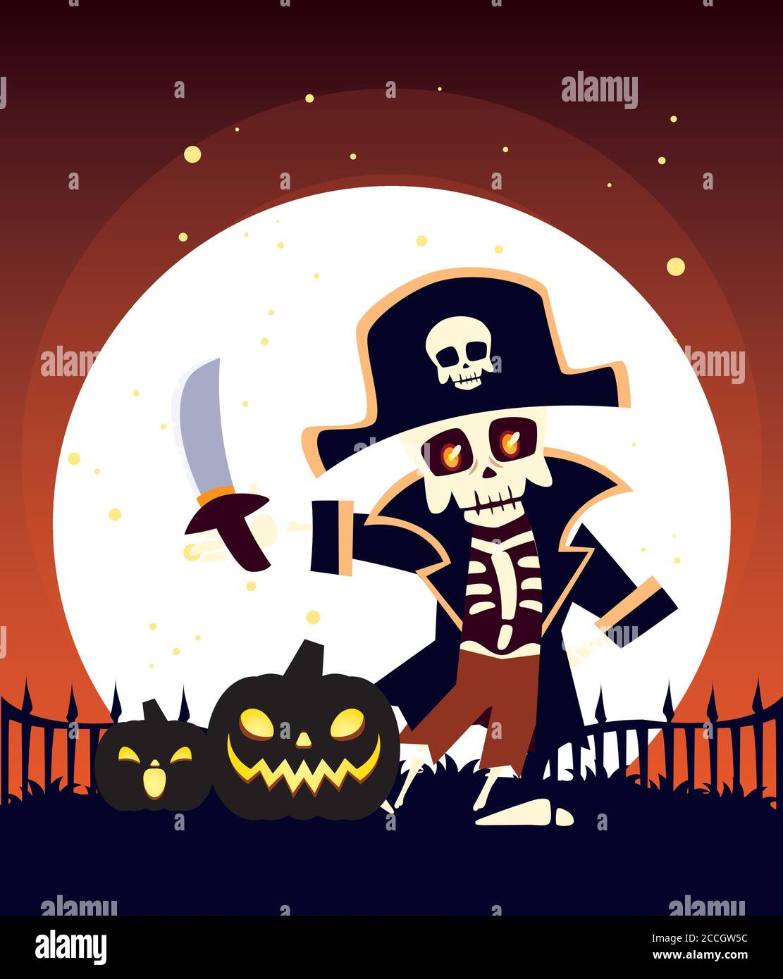 Halloween skull pirate cartoon at night design, Holiday and scary theme ...