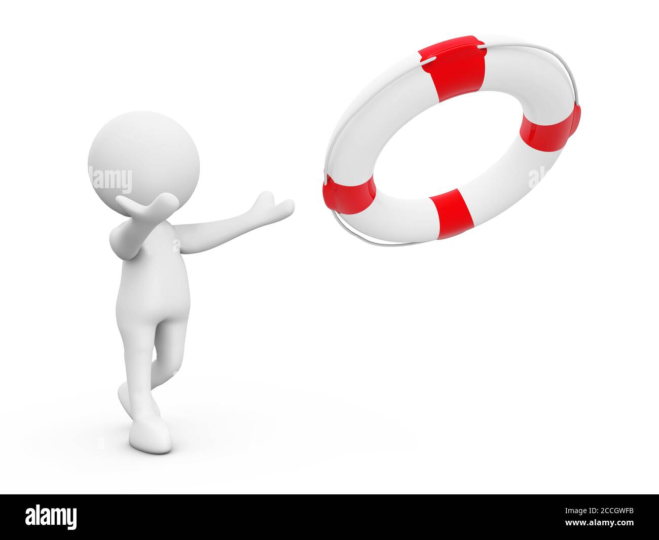 3D rendering of a person figure throwing a lifebuoy isolated on a white ...