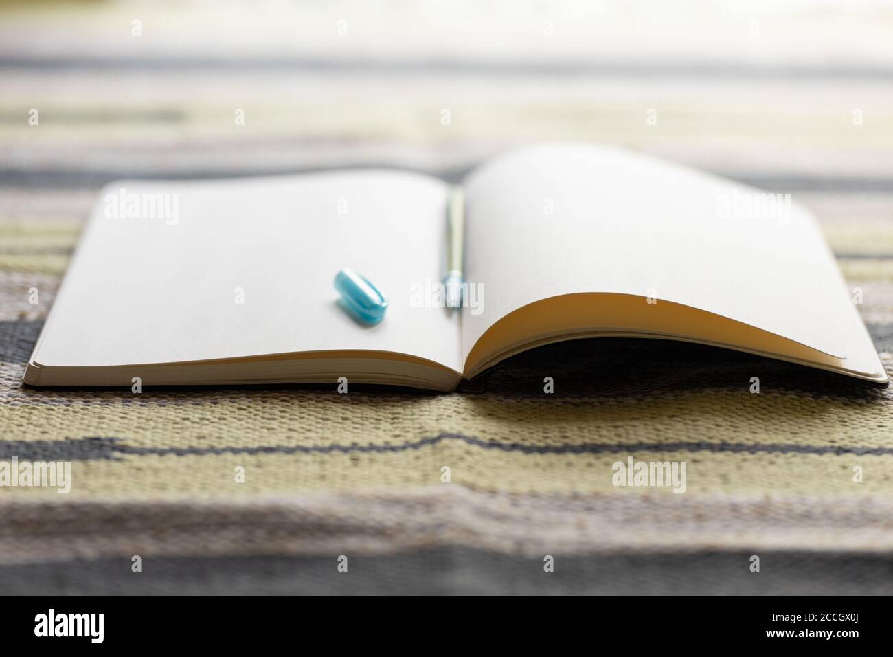 Closeup shot of an opened notebook with pen on it Stock Photo - Alamy