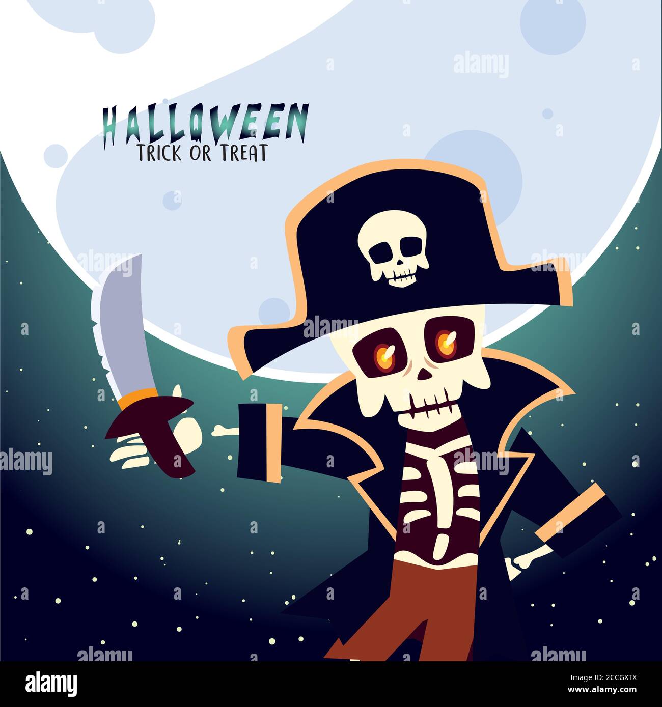 Halloween skull pirate cartoon at night design, Holiday and scary theme ...