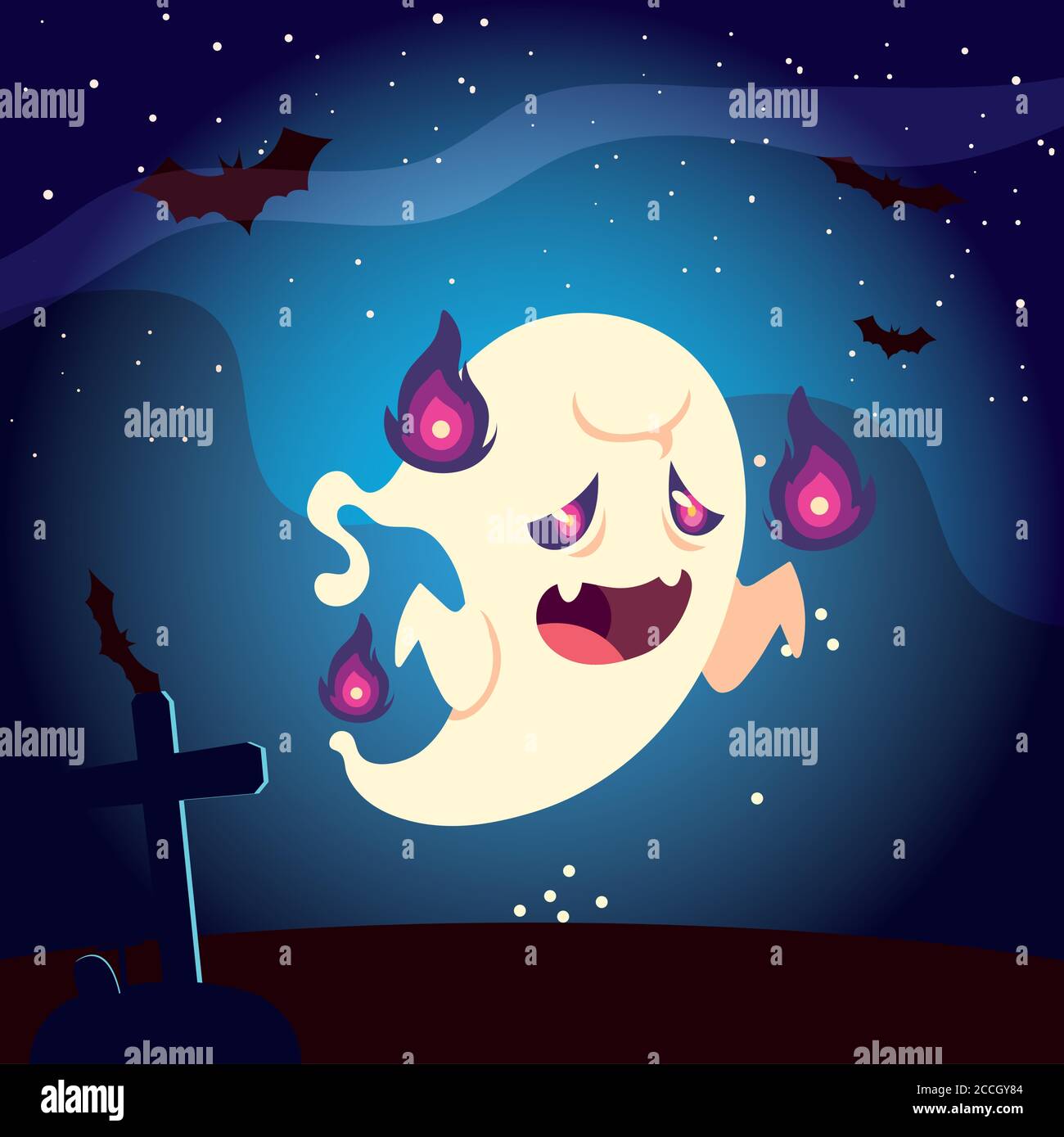Halloween ghost cartoon at night design, Holiday and scary theme Vector ...