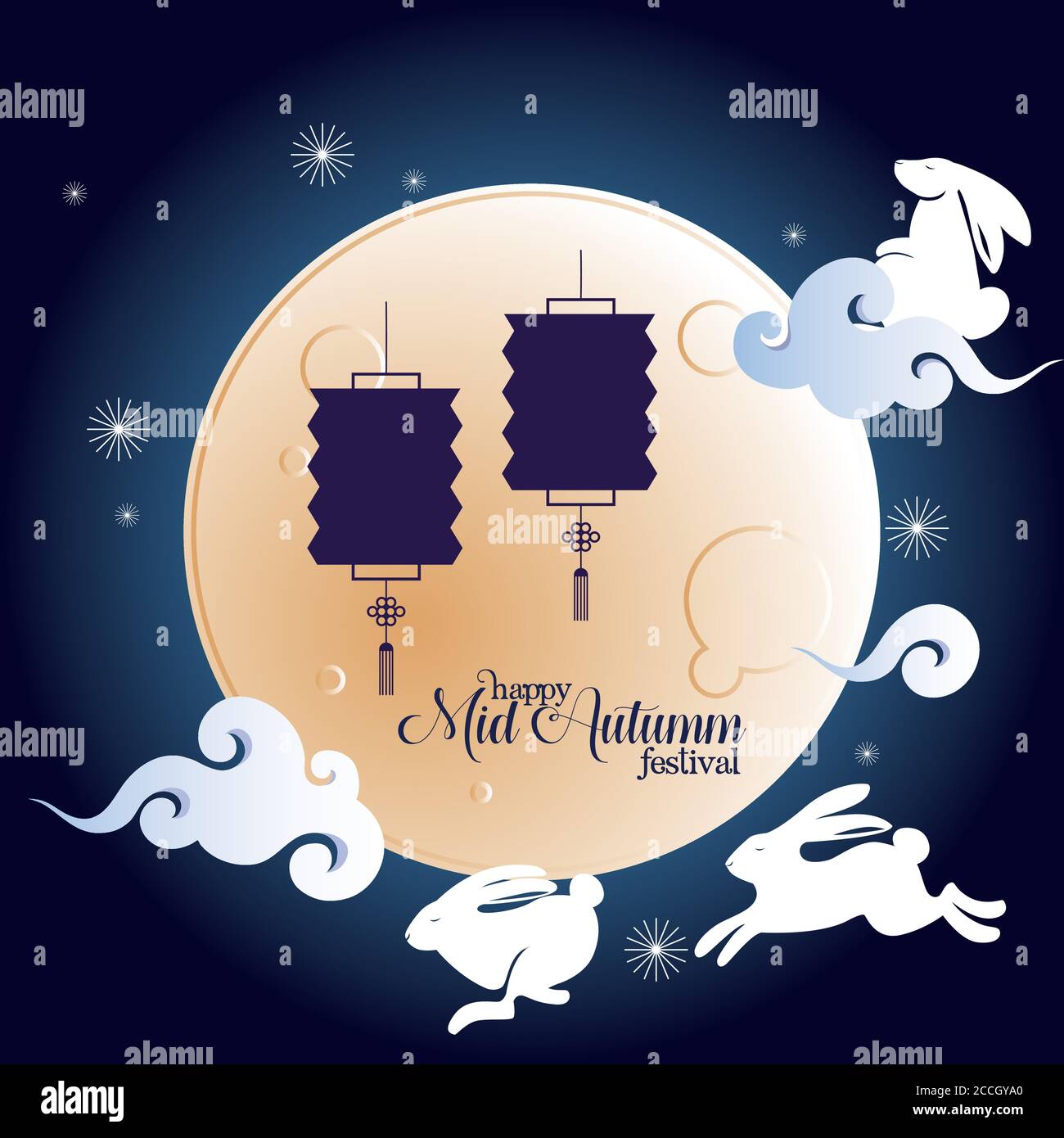 moon with rabbits clouds and lanterns design, Happy mid autumn harvest ...