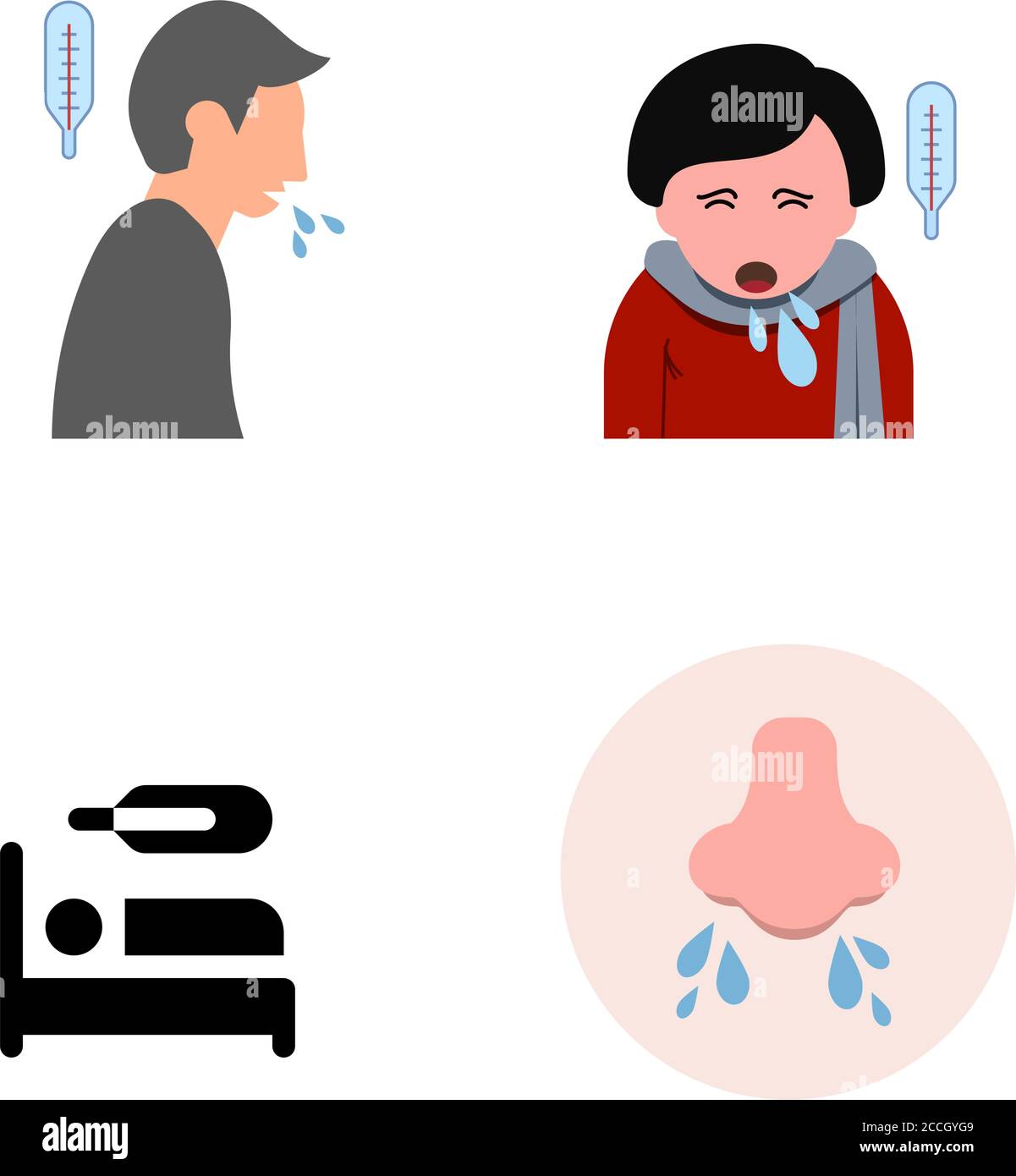 Flu disease prevention, cold symptoms flat line icons set. vector Stock ...