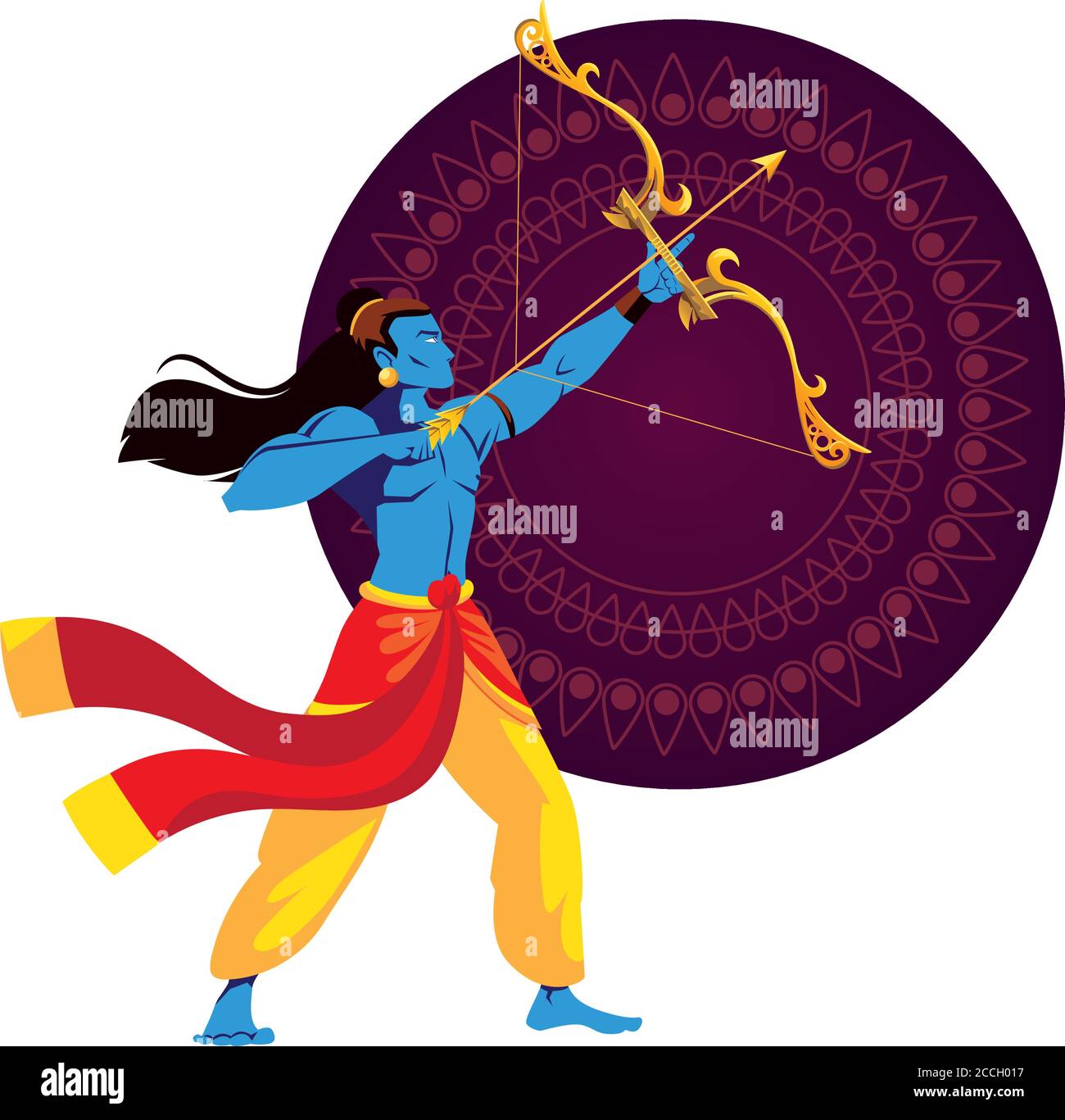 lord ram cartoon with bow and arrow in front of purple mandala design ...