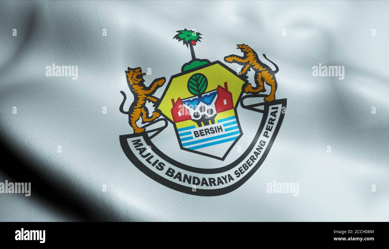 3D Illustration of a waving Malaysia city Council flag of Seberang ...