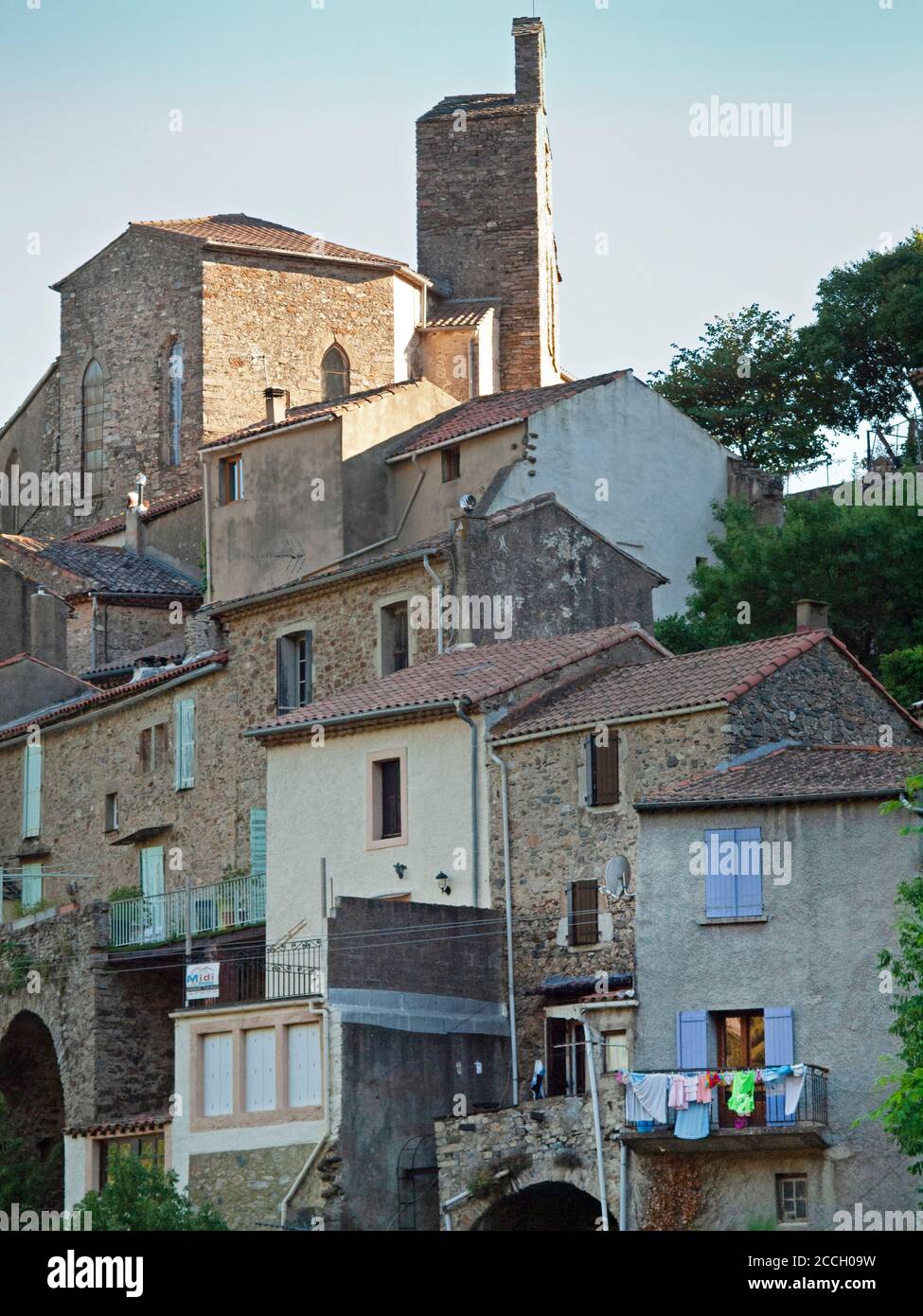 The beautiful old village of Roquebrun in the Occitanie region of ...
