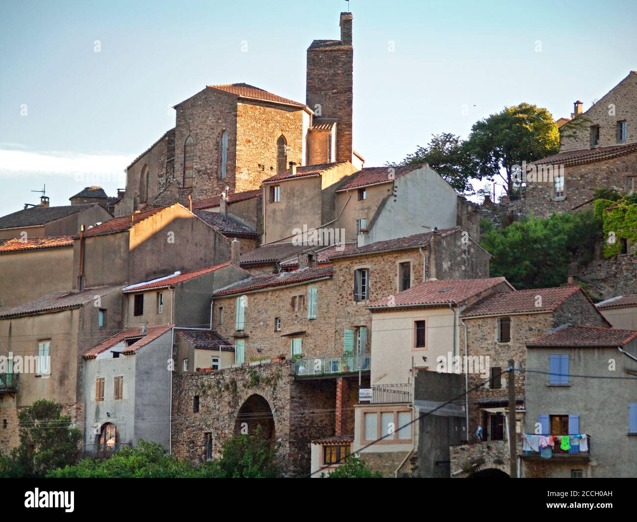 The beautiful old village of Roquebrun in the Occitanie region of ...