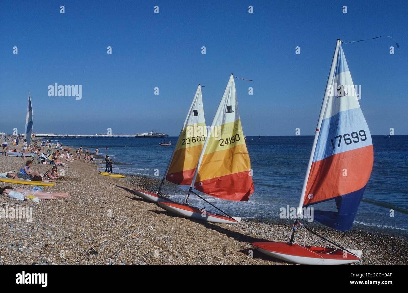 Sailing boats on the beach, Brighton, East Sussex, England, UK. 1986 ...
