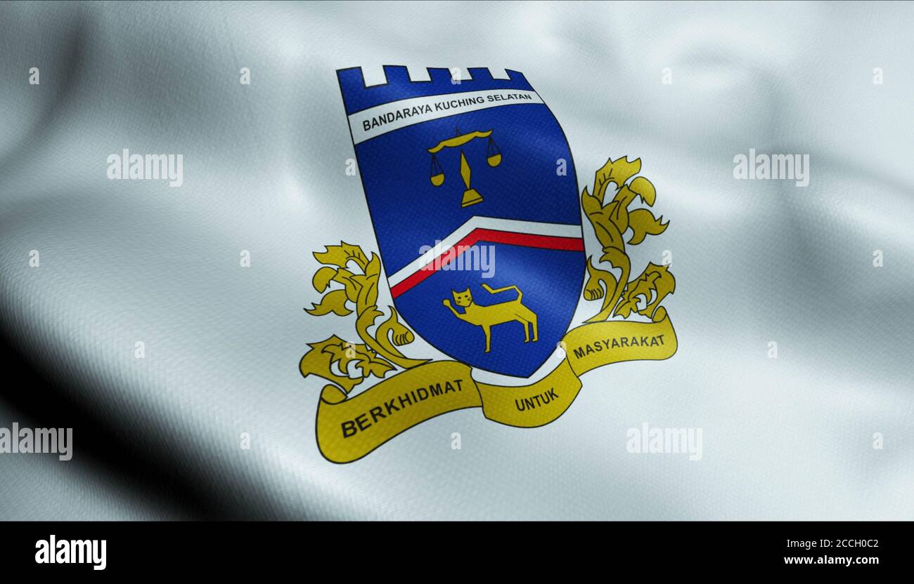 3D Illustration of a waving Malaysia city Council flag of Kuching South ...