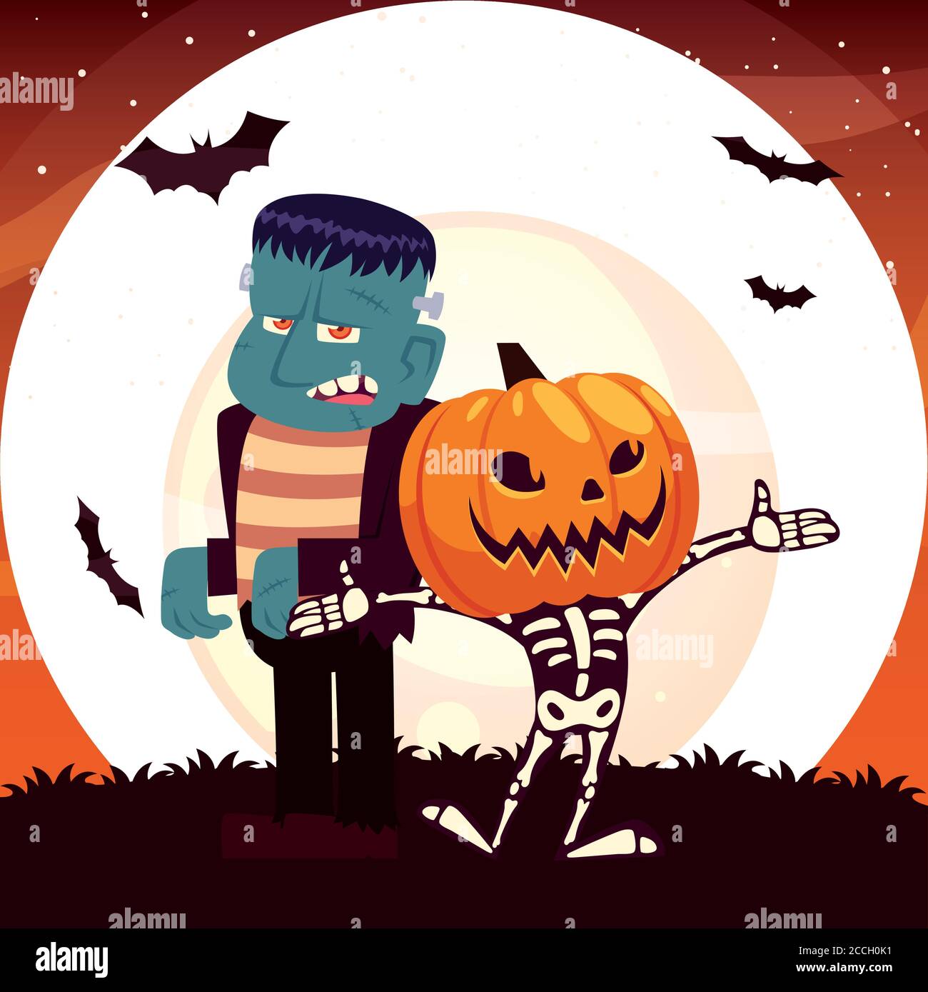 Halloween skull cartoon with pumpkin mask and frankenstein at night ...