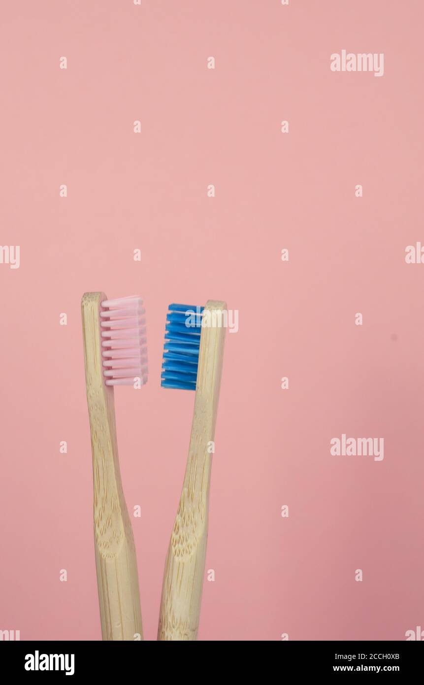 Close up shot of wooden pink and blue toothbrush representing a couple ...