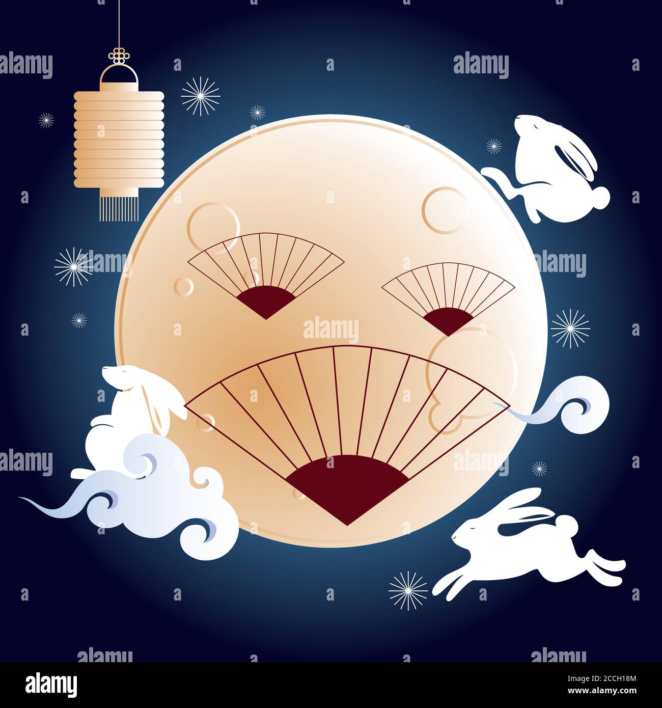 hand fans on moon with rabbits lantern and clouds design, Happy mid ...
