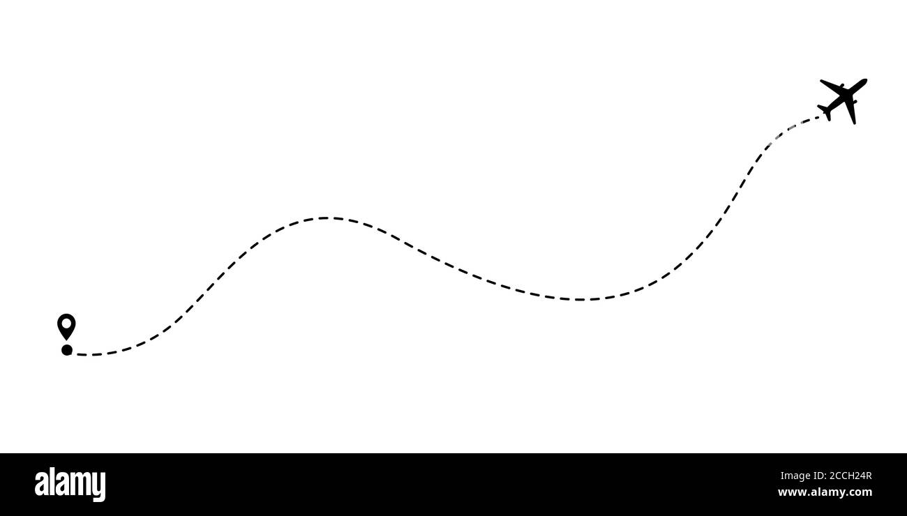 Airplane line path vector icon of air plane flight route with start ...