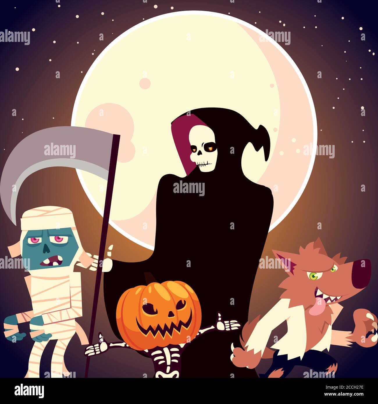 Halloween death werewolf mummy and skull cartoon with pumpkin at night ...