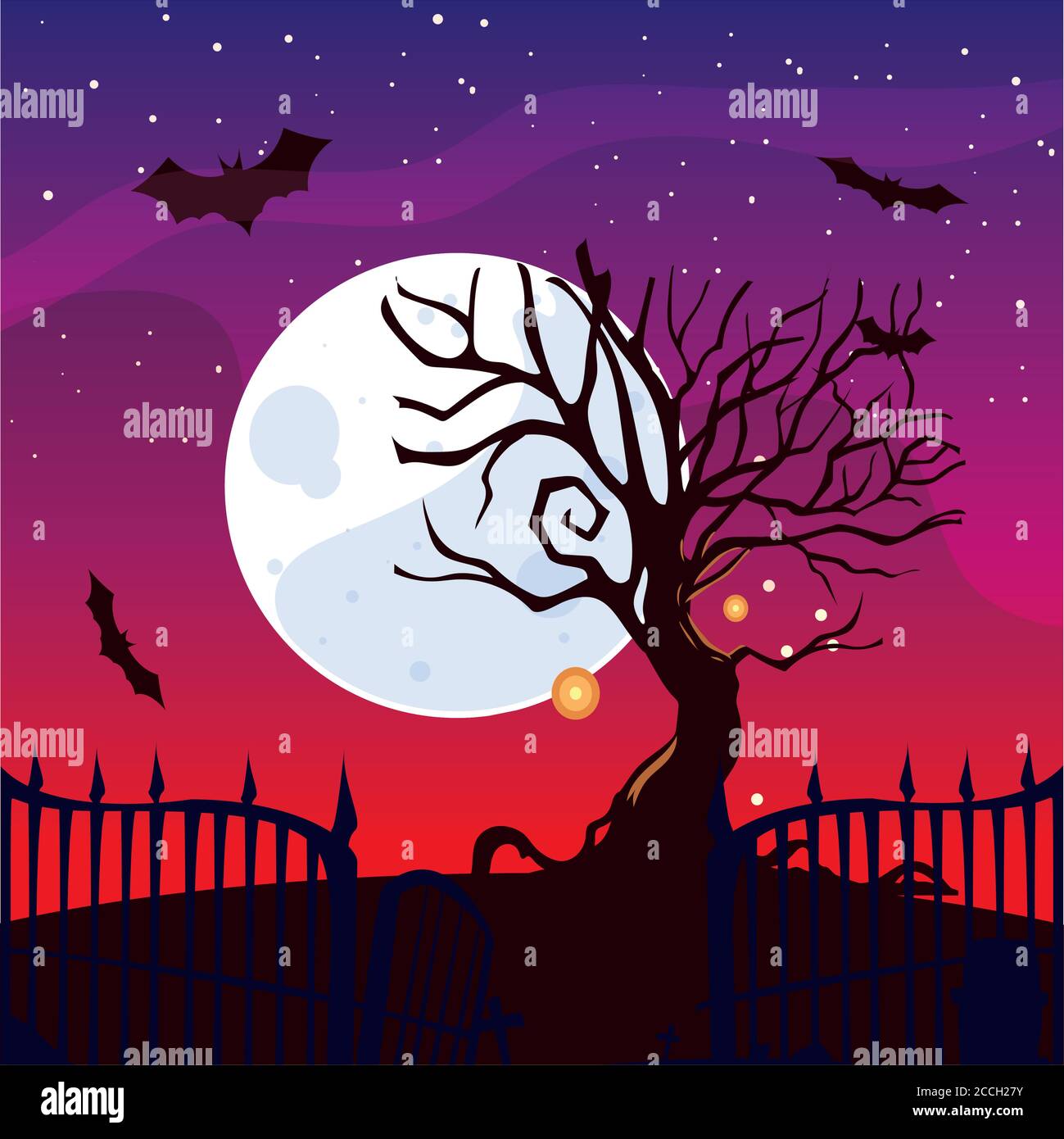 Halloween tree and bats in front of moon design, Holiday and scary ...