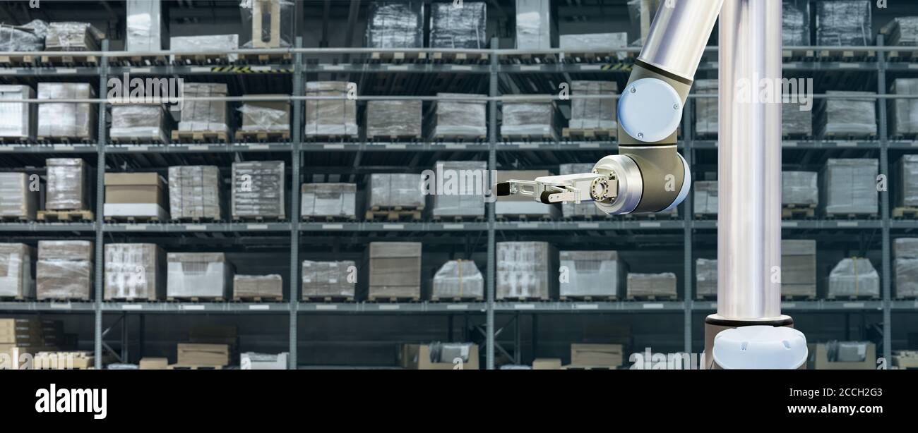 Robot arm works in an automatic warehouse Stock Photo - Alamy