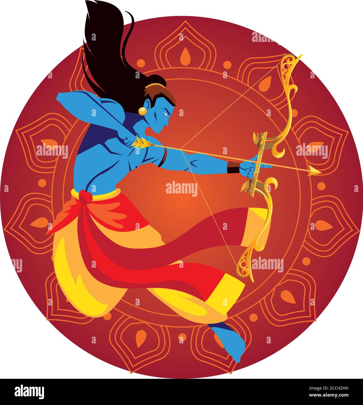 lord ram cartoon with bow and arrow in front of red mandala design ...