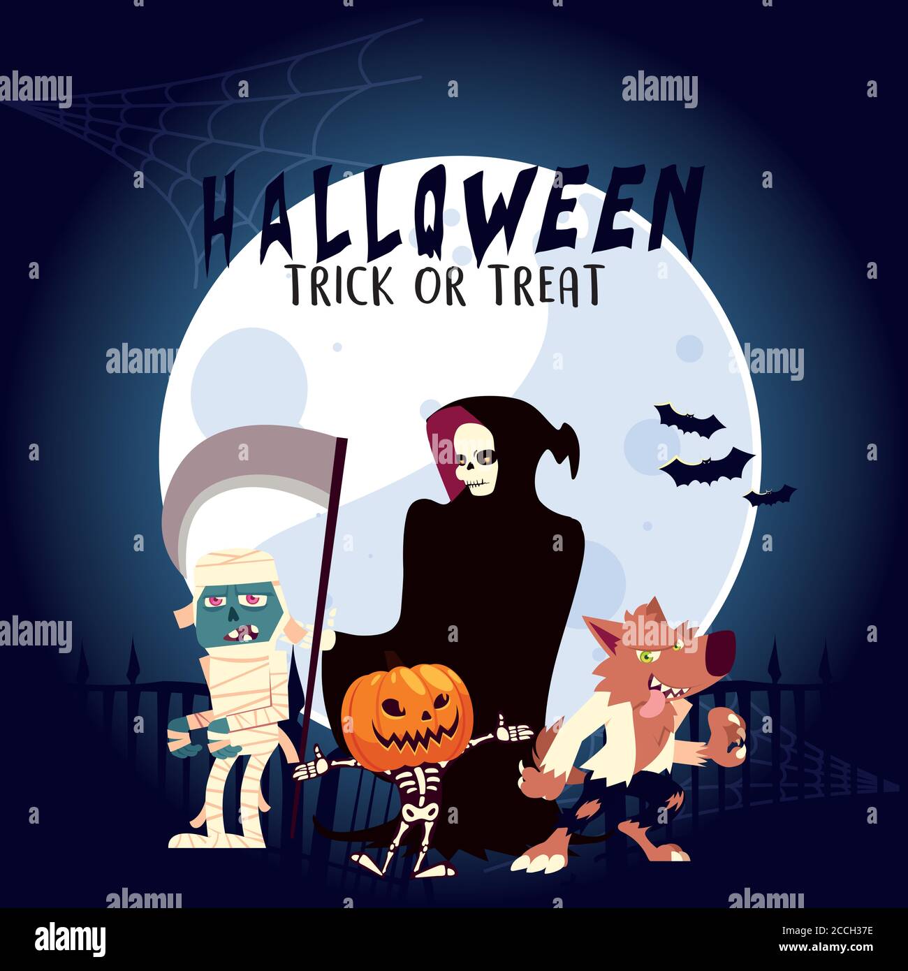 Halloween death werewolf mummy and skull cartoon with pumpkin at night ...