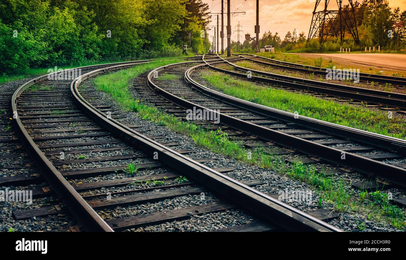 Railway intersections. Railroad leading in different directions Stock ...