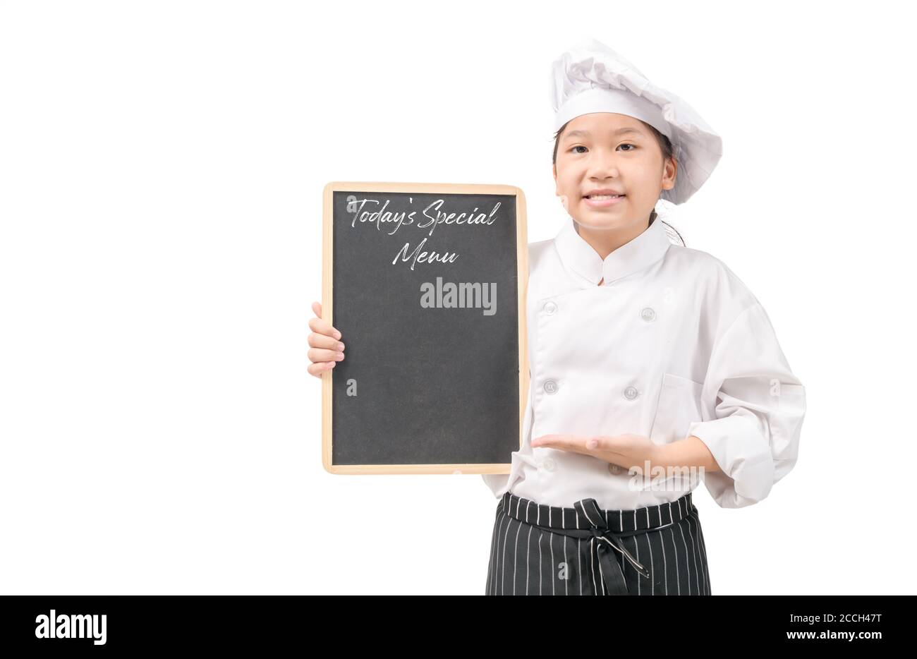 Happy asian girl chef in uniform presenting Today's special menu on ...