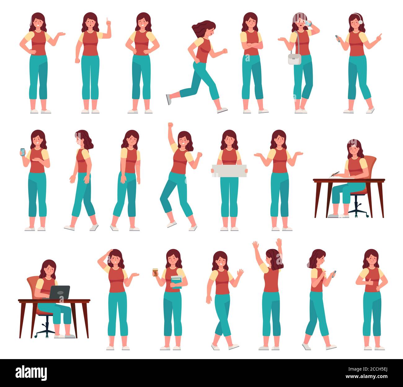 Cartoon Woman In Casual Outfit Young Female Character In Different