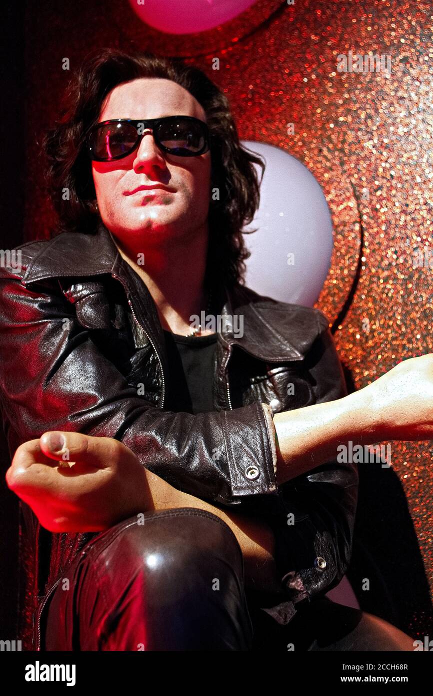 A waxwork of musician, soloist of the group U2 Bono on display at ...
