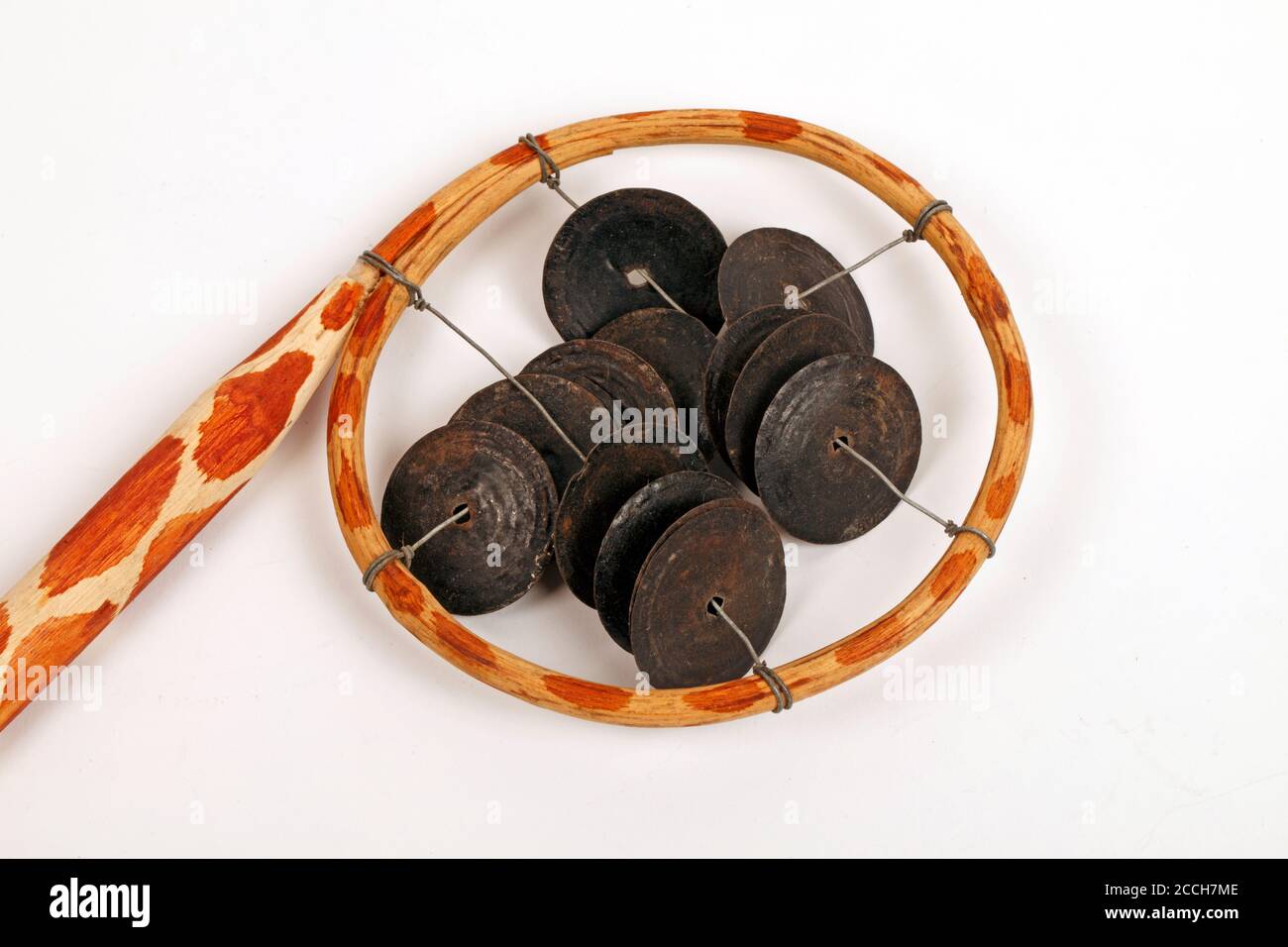 African Sistrum made from wood structure with metal jingles that are ...