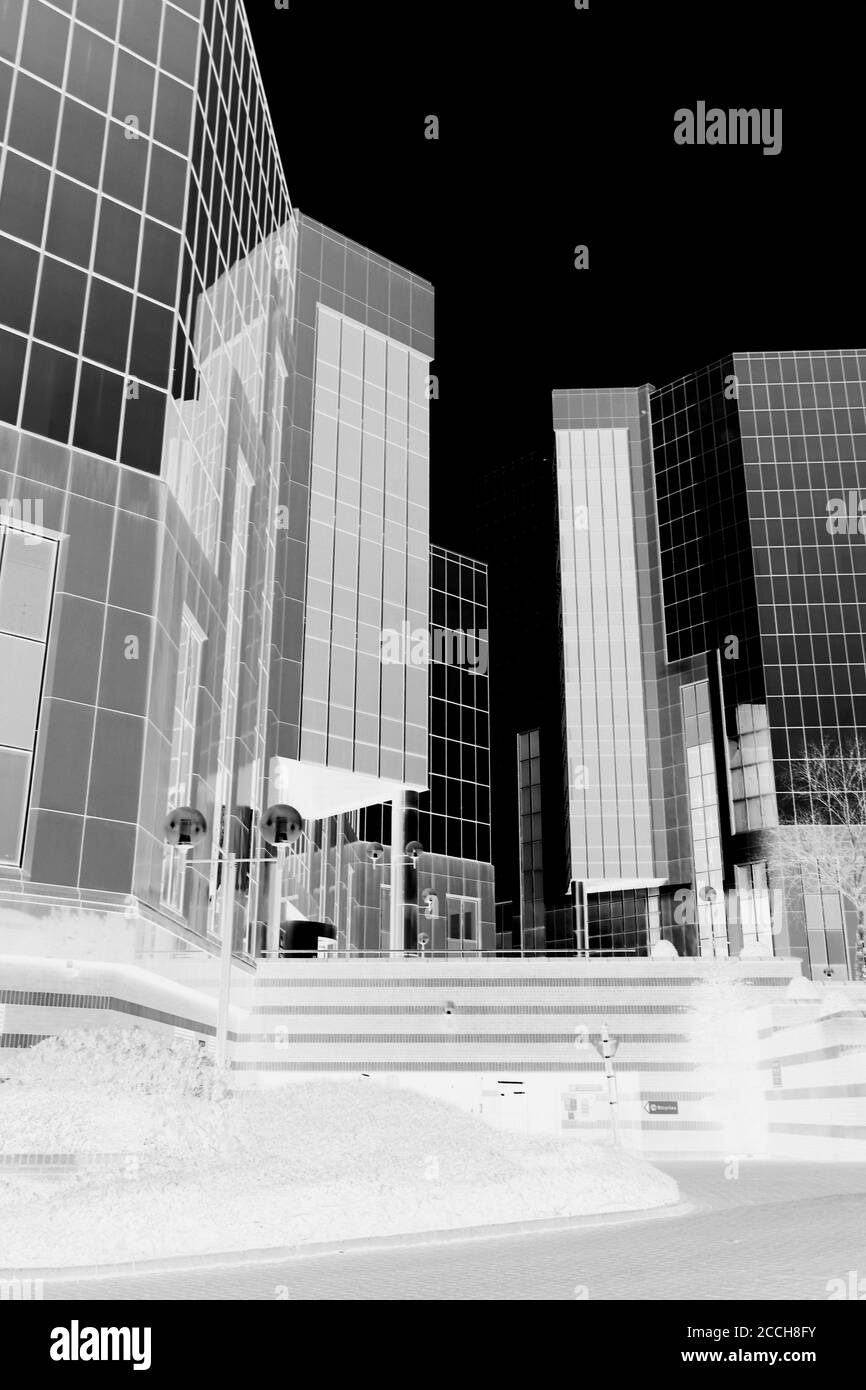 Abstract image of a modern office building. Black and white negative ...