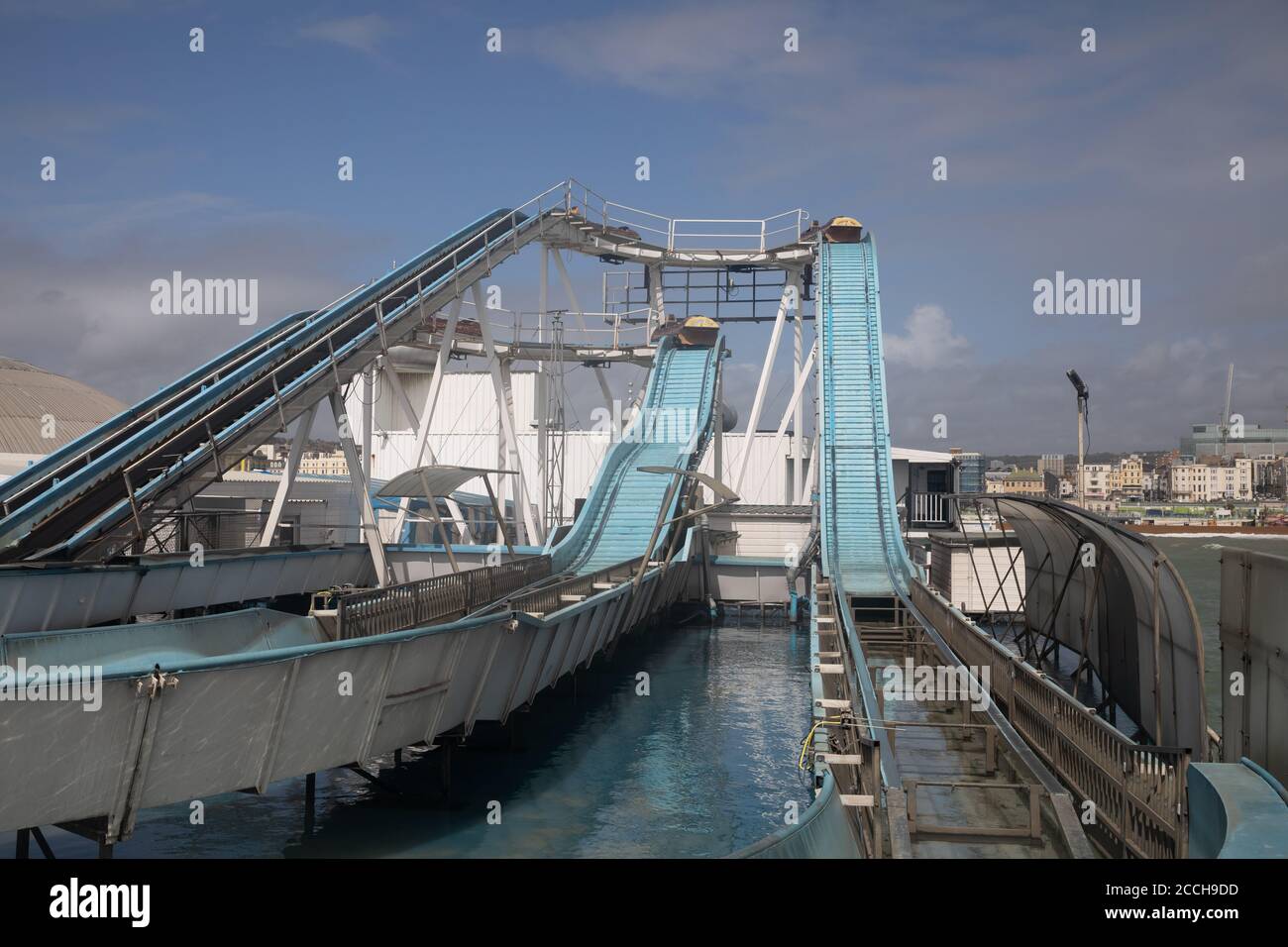Empty log flume on Brighton Pier, East Sussex, during storm Ellen in ...