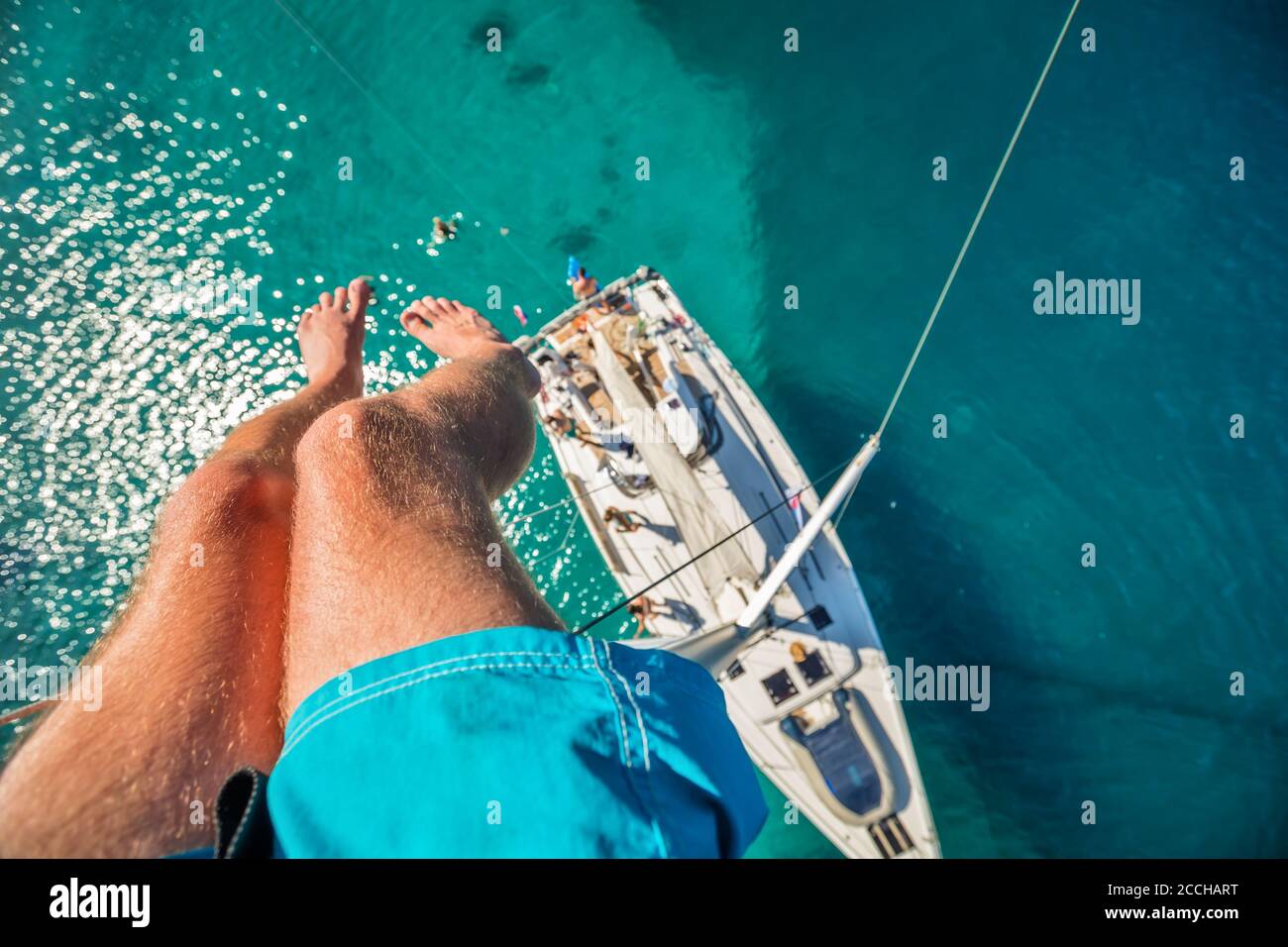 View from high angle of sailing boat. Aerial photography of ship deck ...