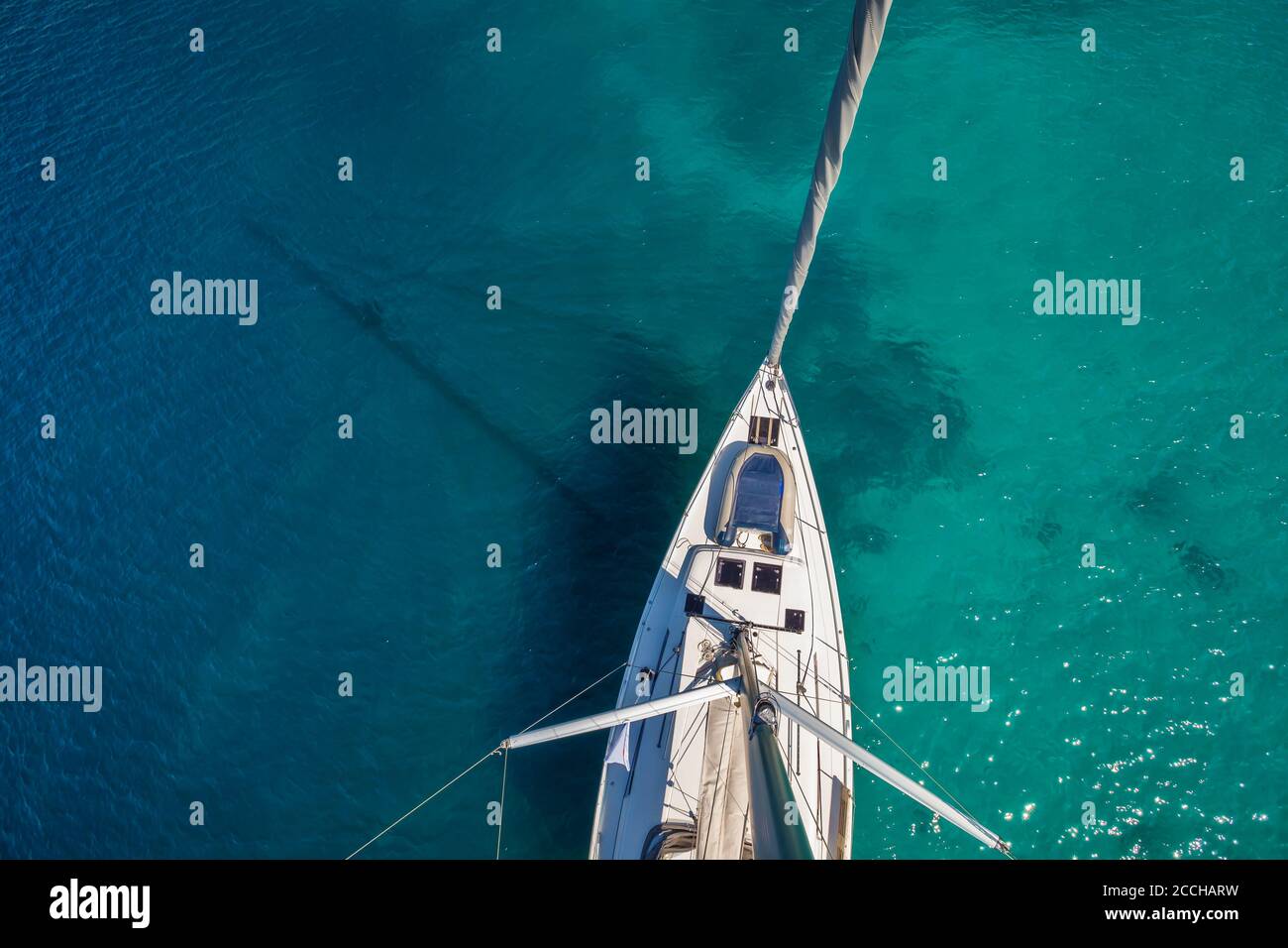 View from high angle of sailing boat. Aerial photography of ship deck ...