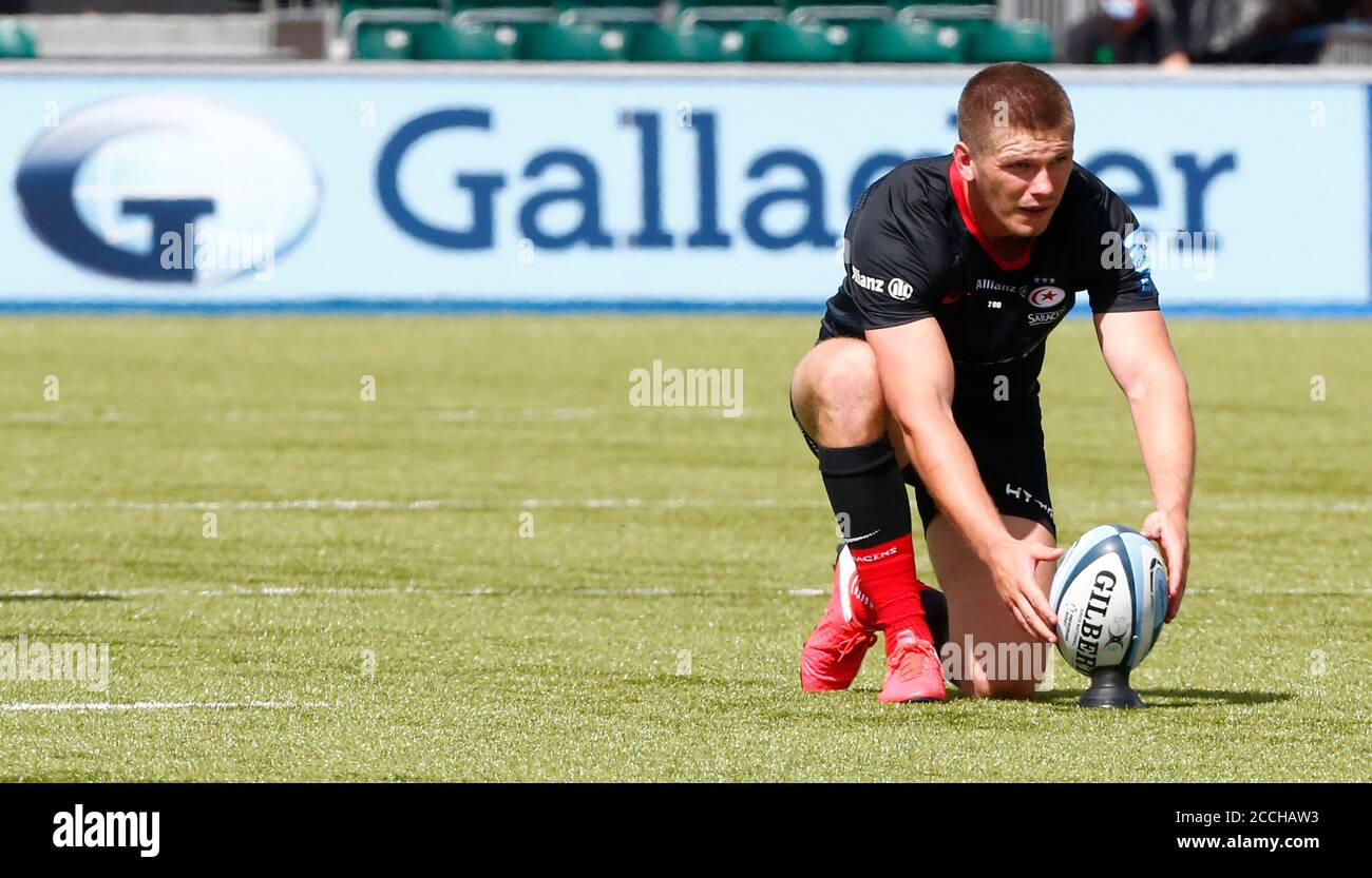 HENDON, United Kingdom, AUGUST 22: Owen Farrell of Saracens playing his ...