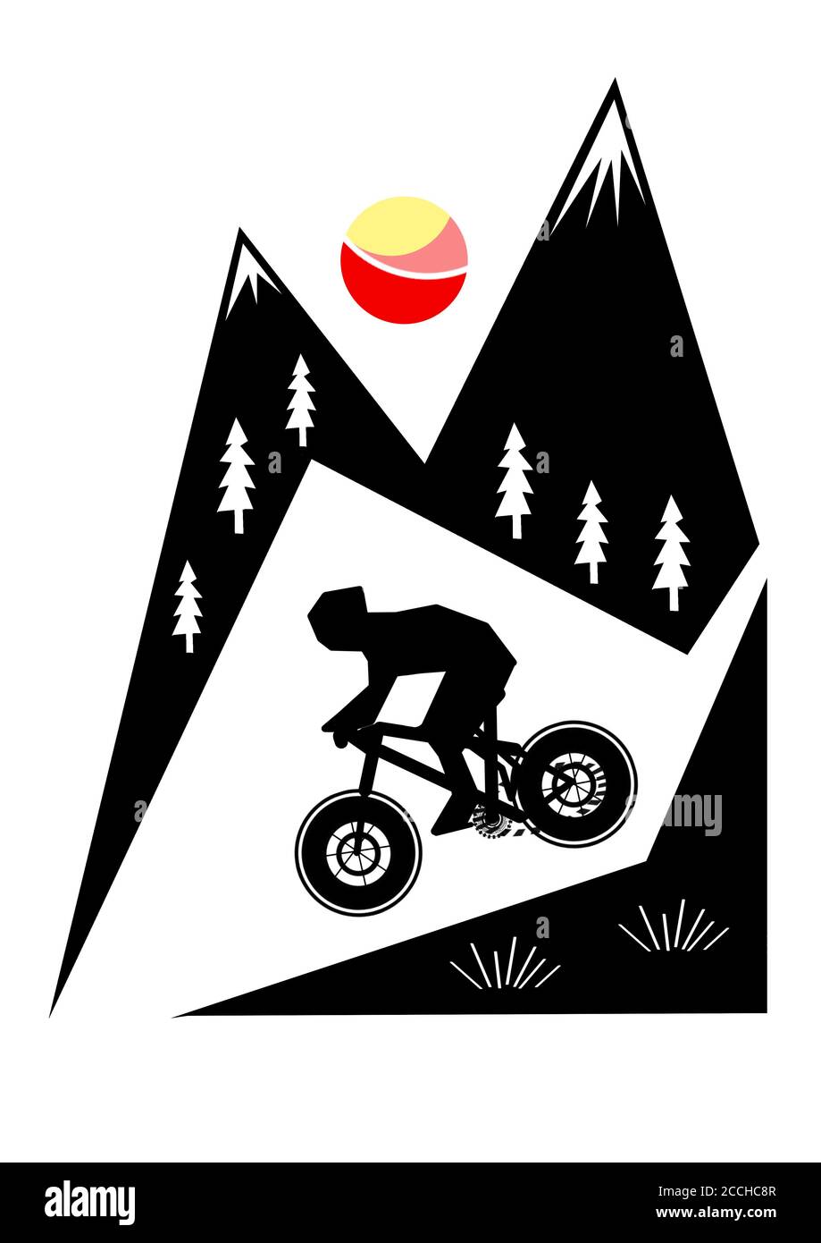 Black and white outline of a cyclist going down the road in the ...