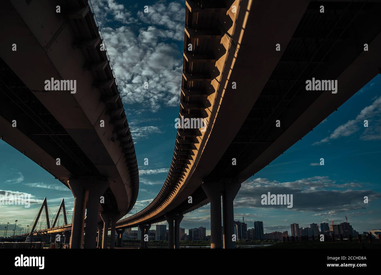Highway overpass in Kazan, Russia, under view of the concrete pillars ...