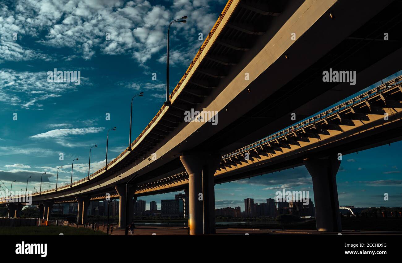 Highway overpass in Kazan, Russia, under view of the concrete pillars ...