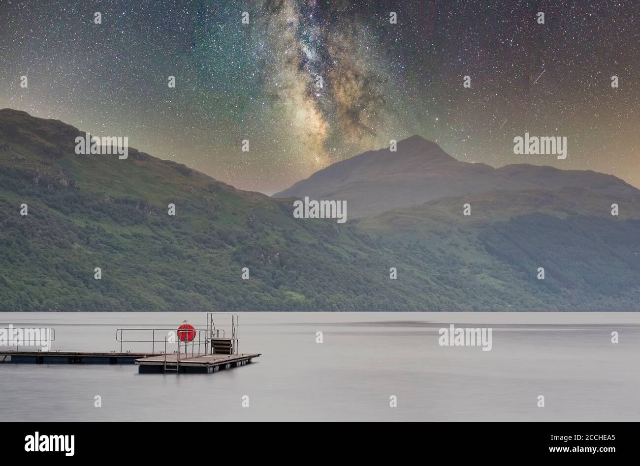 Loch Lomond and jetty at starry night during dusk Stock Photo - Alamy