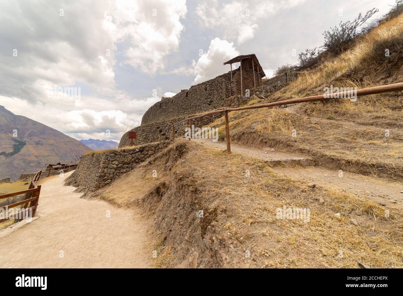View of the ruins of the ancient Inca city of Pisac, near Cusco, Peru ...