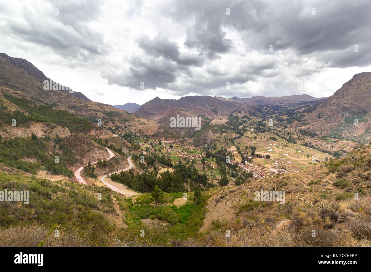 View of the ruins of the ancient Inca city of Pisac, near Cusco, Peru ...
