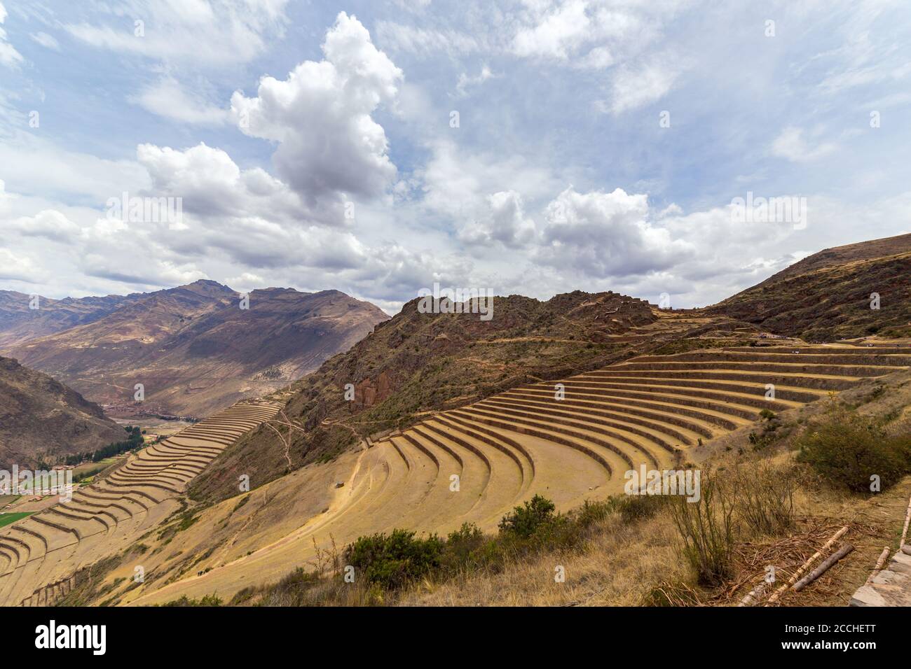 View of the ruins of the ancient Inca city of Pisac, near Cusco, Peru ...