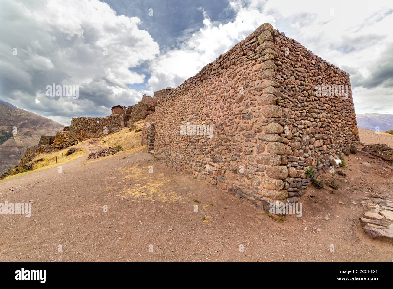View of the ruins of the ancient Inca city of Pisac, near Cusco, Peru ...