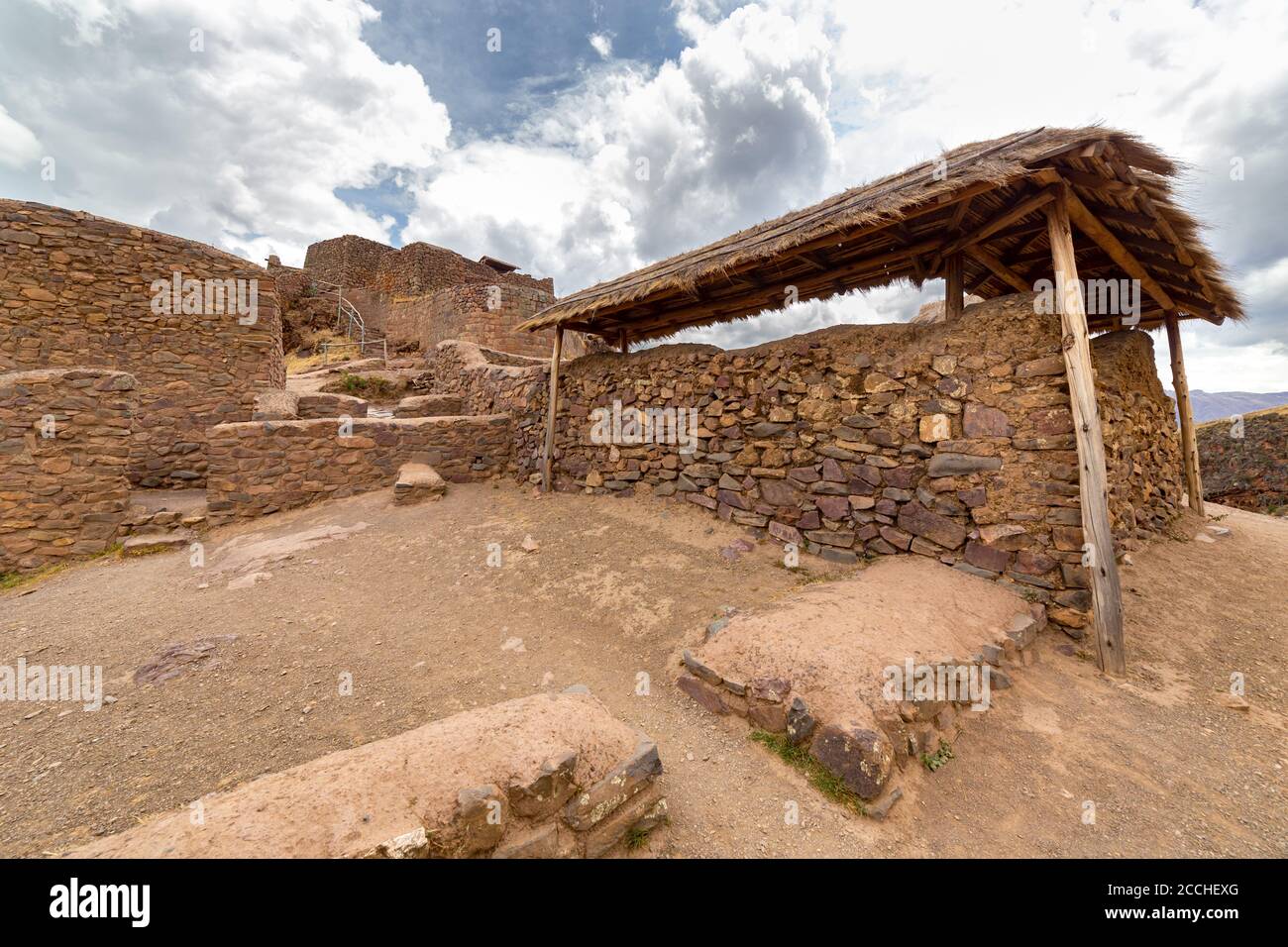 View of the ruins of the ancient Inca city of Pisac, near Cusco, Peru ...