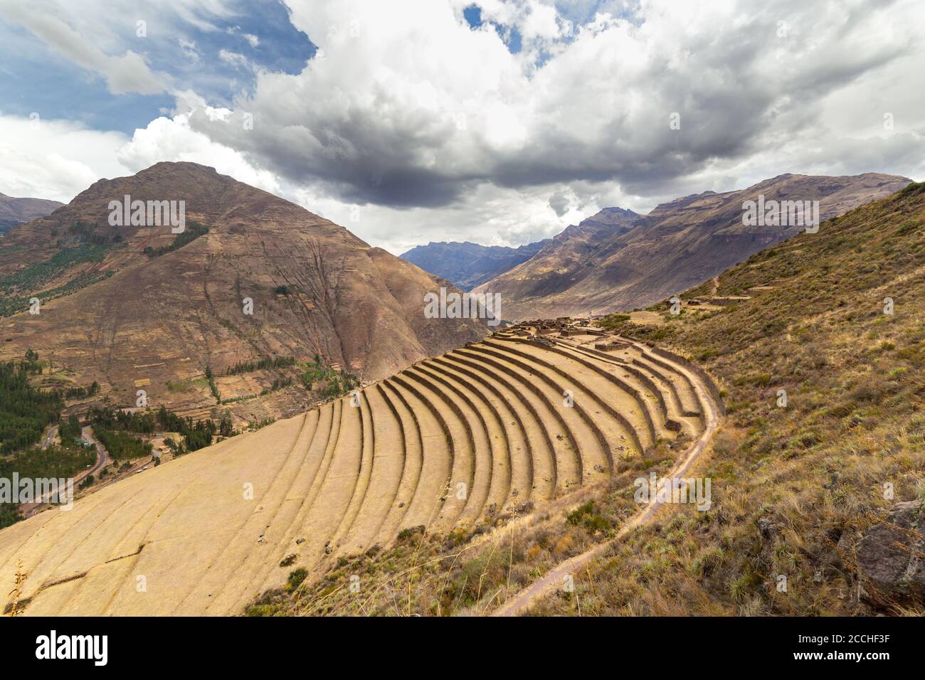 View of the ruins of the ancient Inca city of Pisac, near Cusco, Peru ...