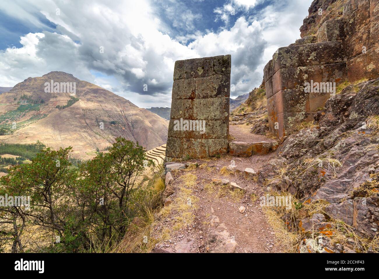 View of the ruins of the ancient Inca city of Pisac, near Cusco, Peru ...